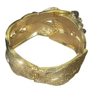 Jewelry | Vintage Gold Tone Leaf Hinged Bracelet Austrian Crystal Faux ...
